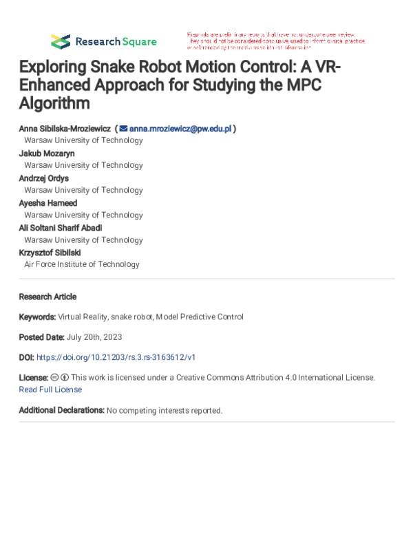 (PDF) Exploring Snake Robot Motion Control: A VR-Enhanced Approach for Studying the MPC Algorithm