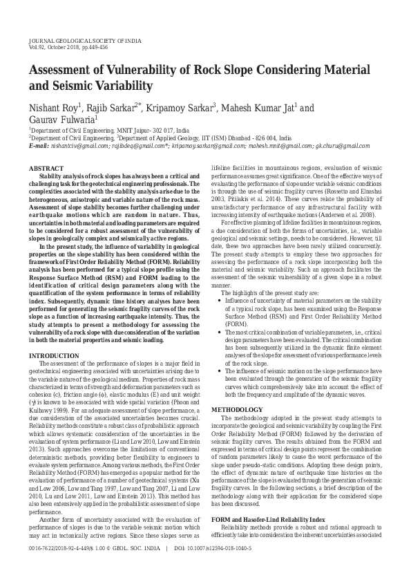 (PDF) Assessment of Vulnerability of Rock Slope Considering Material and Seismic Variability