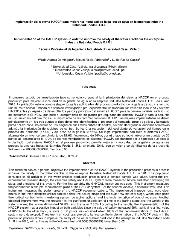 (PDF) Implantación del sistema HACCP para mejorar la inocuidad de la galleta de agua en la ...