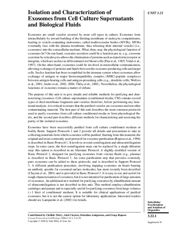 Pdf Isolation And Characterization Of Exosomes From Cell Culture