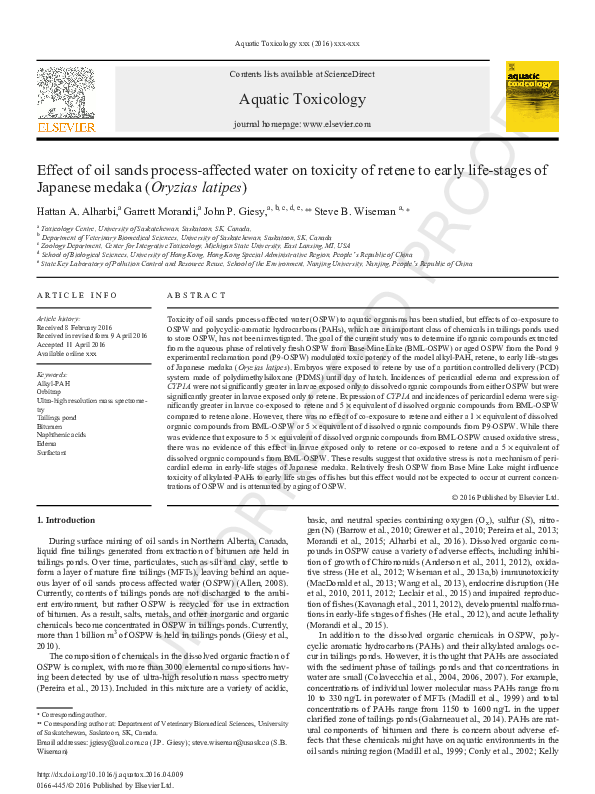 (PDF) Effect of oil sands process-affected water on toxicity of retene ...