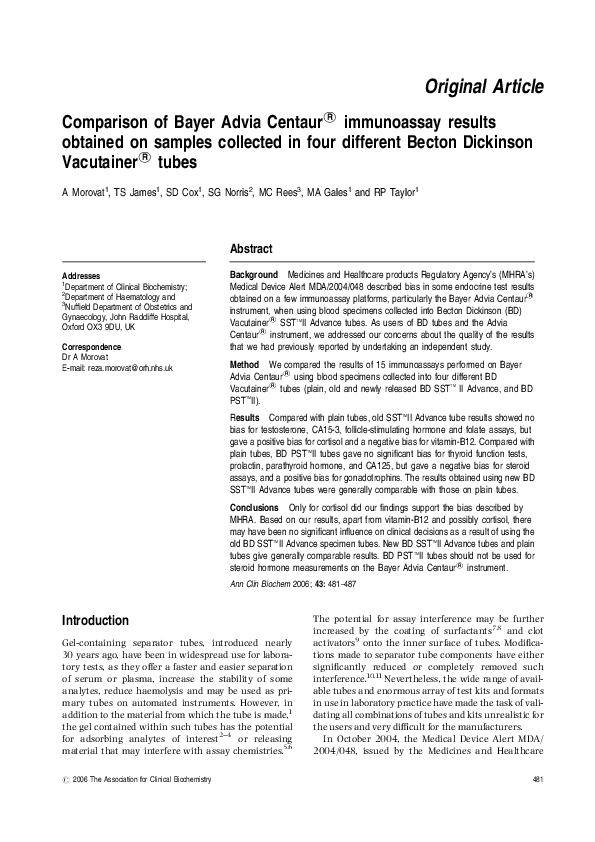 (PDF) Comparison of Bayer Advia Centaur® immunoassay results obtained ...