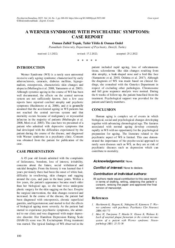 (PDF) A Werner Syndrome with Psychiatric Symptoms: Case Report