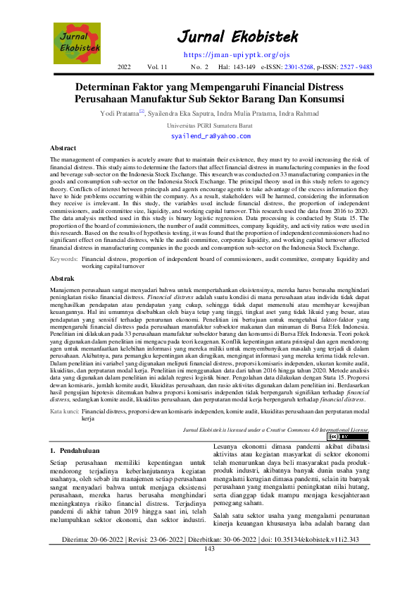 (PDF) Determinan Faktor yang Mempengaruhi Financial Distress Perusahaan Manufaktur Sub Sektor ...