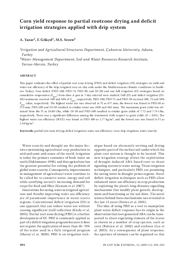 Pdf Corn Yield Response To Partial Rootzone Drying And Deficit