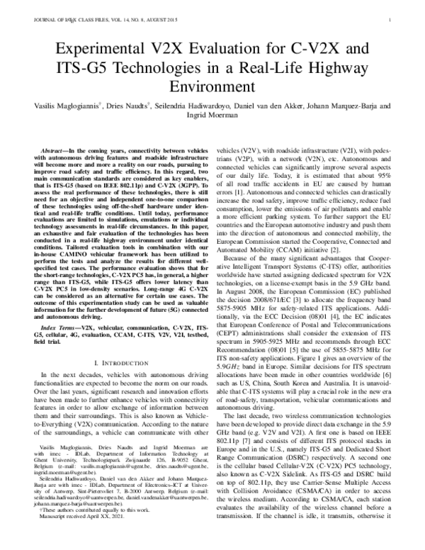 (PDF) Experimental V2X Evaluation for C-V2X and ITS-G5 Technologies in ...