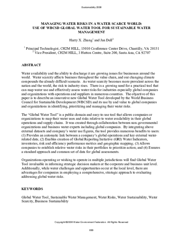 (PDF) Managing Water Risks in a Water Scarce World: Use of WBCSD Global ...
