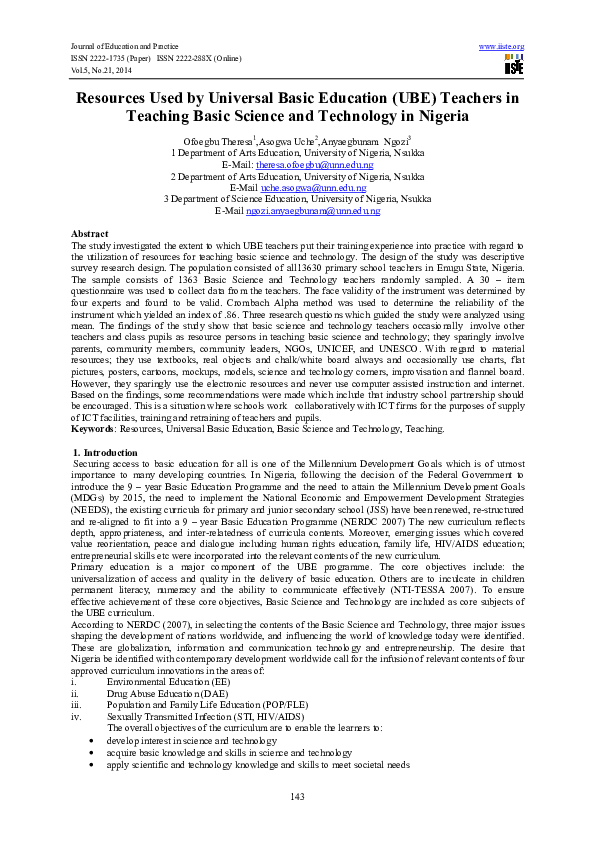 (PDF) Resources Used by Universal Basic Education (UBE) Teachers in Teaching Basic Science and ...