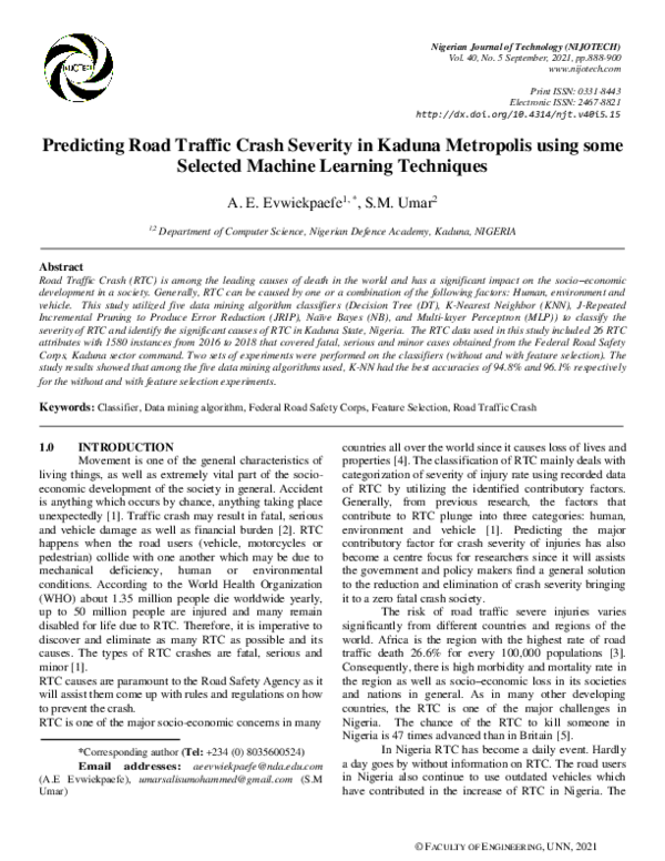 Pdf Predicting Road Traffic Crash Severity In Kaduna Metropolis Using Some Selected Machine