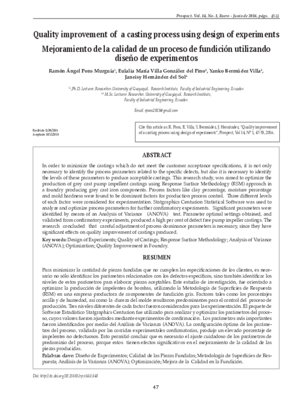 (PDF) Quality Improvement of a Casting Process Using Design of Experiments