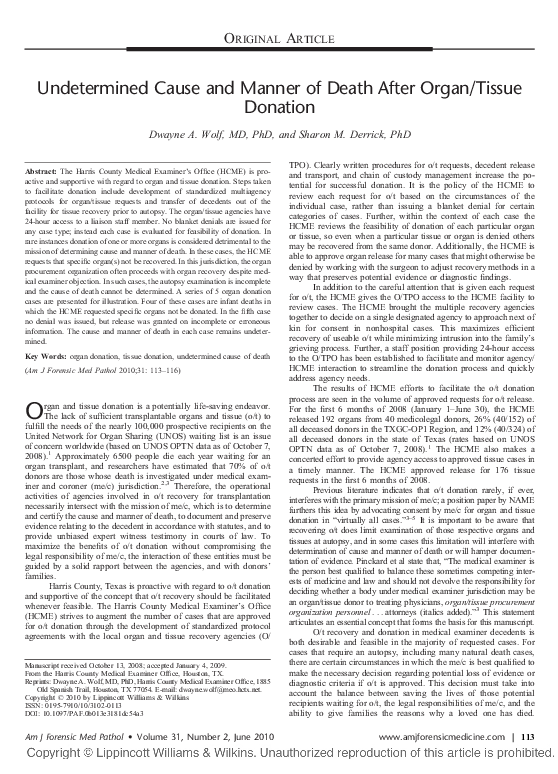 Undetermined Cause and Manner of Death After Organ/Tissue Donation