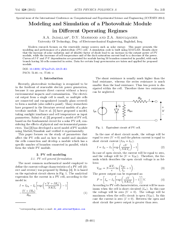 (PDF) Modeling and Simulation of a Photovoltaic Module in Different ...