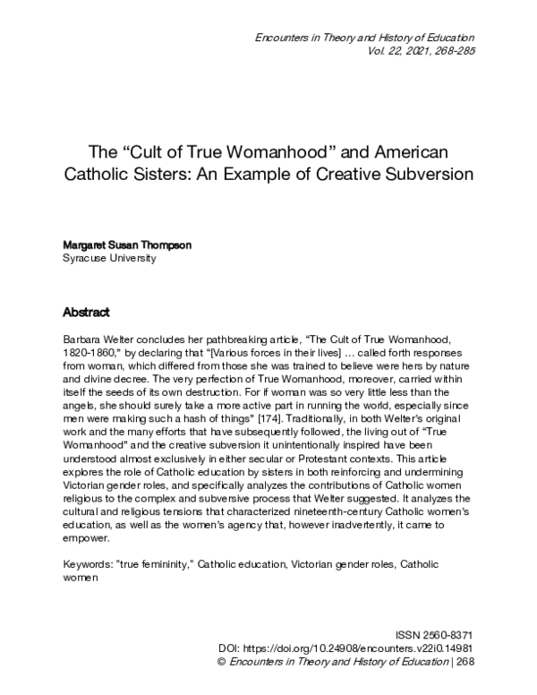 (PDF) Cult of True Womanhood" and American Catholic Sisters: An Example ...