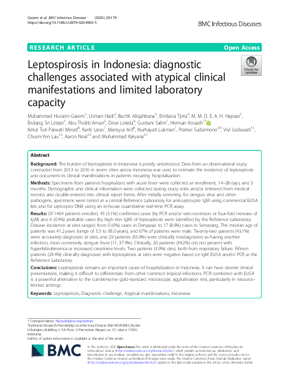 (PDF) Leptospirosis in Indonesia: diagnostic challenges associated with ...