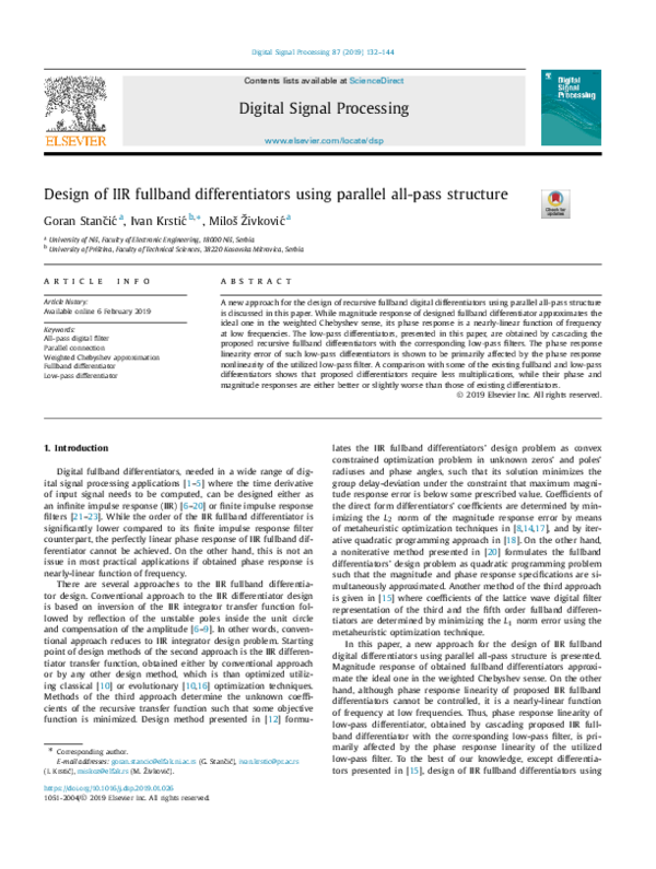 (PDF) Design of IIR fullband differentiators using parallel all-pass structure | Goran Stancic ...