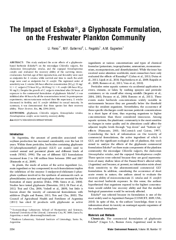 (PDF) The Impact of Eskoba®, a Glyphosate Formulation, on the Freshwater Plankton Community
