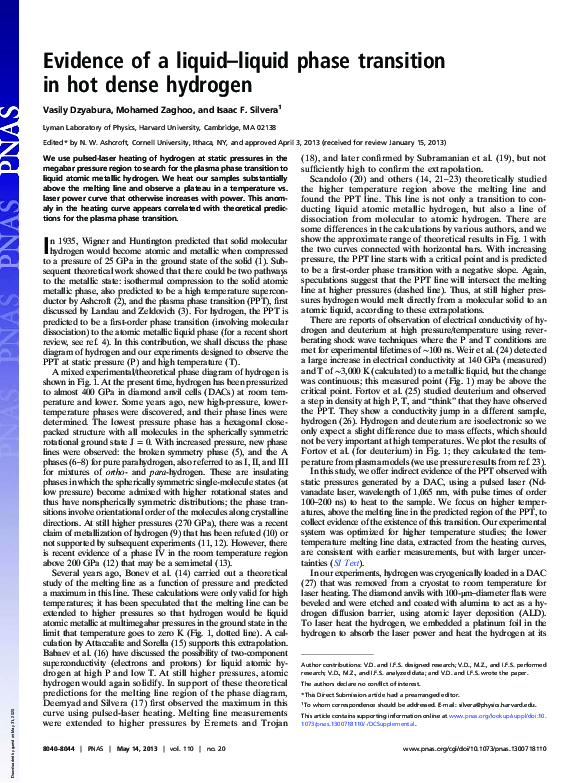 (PDF) Evidence of a liquid–liquid phase transition in hot dense hydrogen