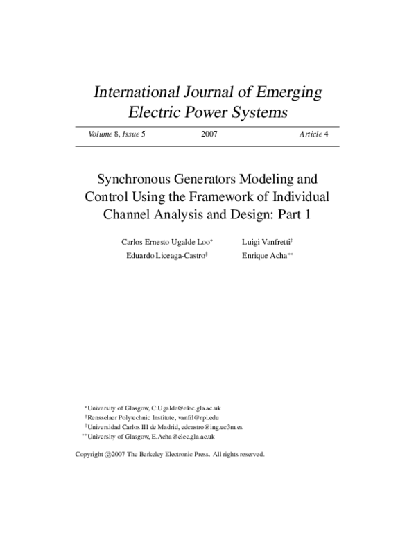 (PDF) Synchronous Generators Modeling and Control Using the Framework of Individual Channel ...