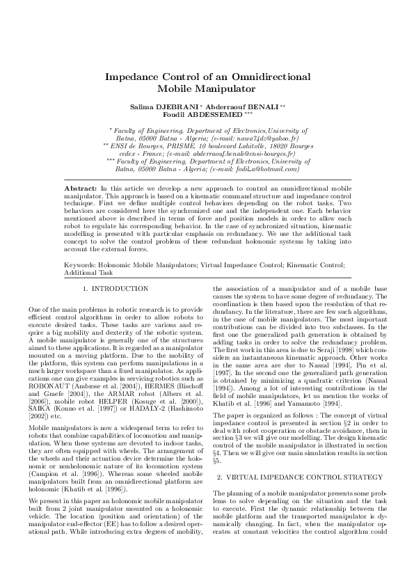 Pdf Impedance Control Of An Omnidirectional Mobile Manipulator Salima Djebrani