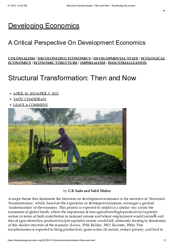 (PDF) Structural Transformation: Then and Now (PDF) Structural Transformation: Then and Now