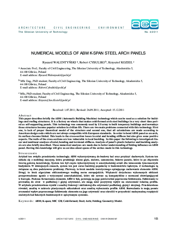 (PDF) Numerical models of ABM K-Span steel arch panels