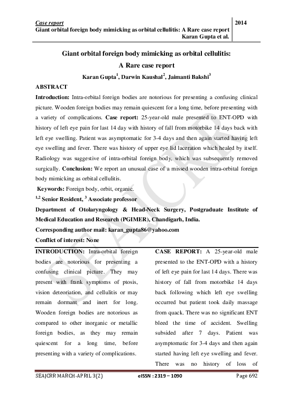 (PDF) Giant orbital foreign body mimicking as orbital cellulitis: a ...