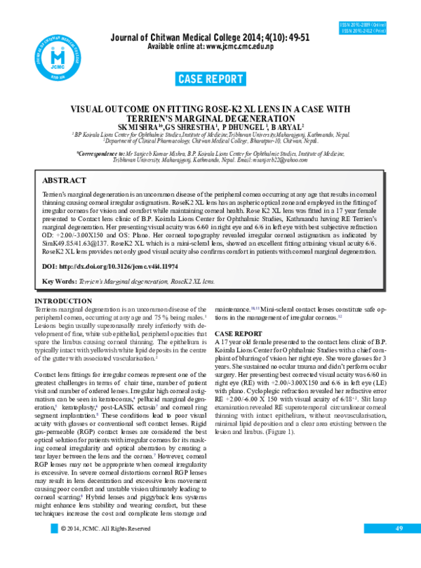 (PDF) Visual outcome on Fitting Rose-K2 XL lens in a case with Terrien ...