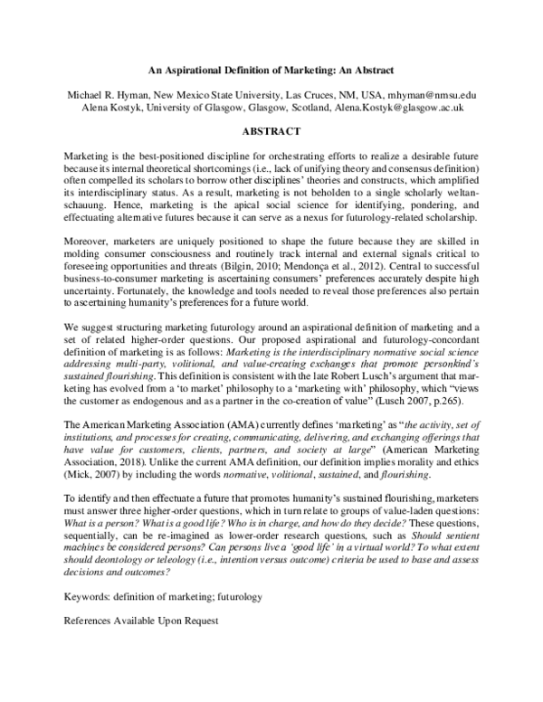 (PDF) An aspirational definition of marketing: An abstract