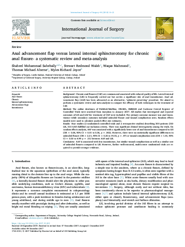 (PDF) Anal advancement flap versus lateral internal sphincterotomy for ...