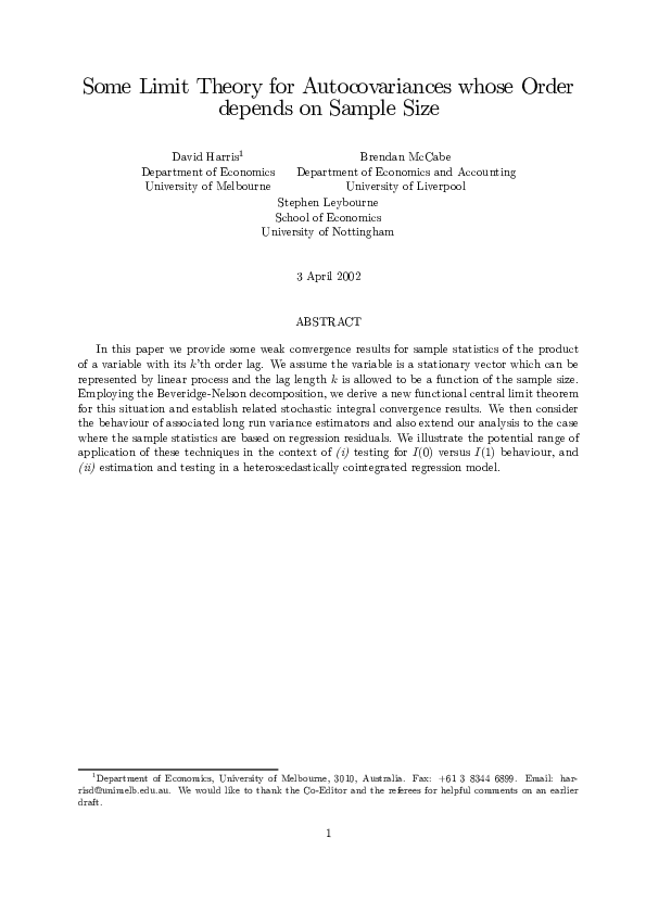 (PDF) Some Limit Theory for Autocovariances Whose Order Depends on ...