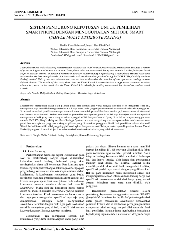 (PDF) Sistem Pendukung Keputusan Untuk Pemilihan Smartphone Dengan Menggunakan Metode Smart ...
