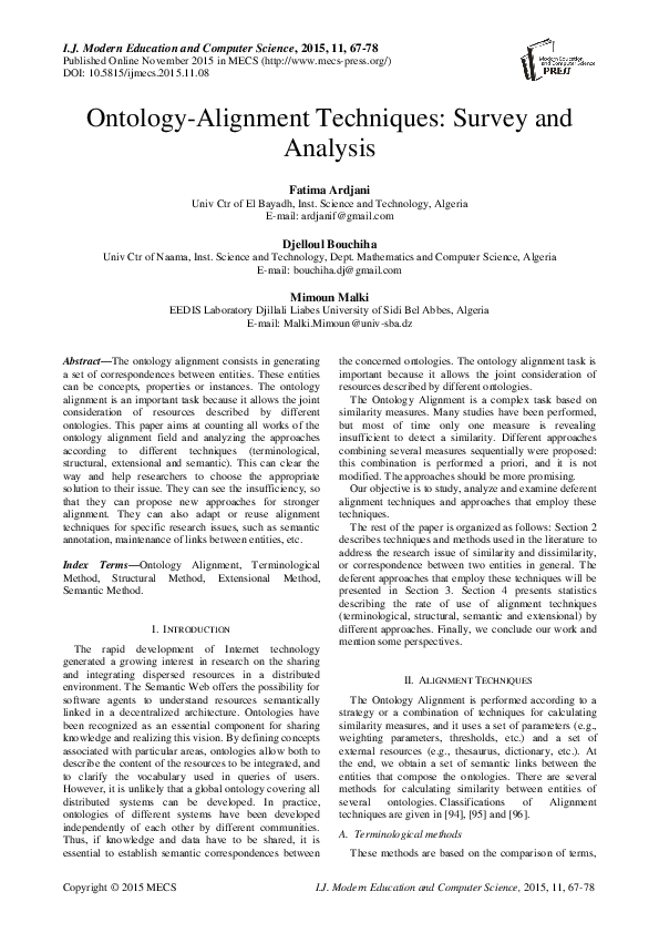 (PDF) Ontology-Alignment Techniques: Survey and Analysis | mimoun M M malki - Academia.edu