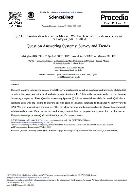 (PDF) Question Answering Systems: Survey and Trends