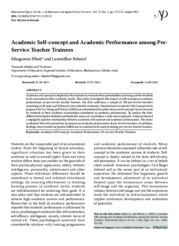 (PDF) Academic Self-concept and Academic Performance among Pre-Service Teacher Trainees