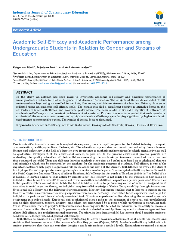 (PDF) Academic Self-Efficacy and Academic Performance among Undergraduate Students in Relation ...