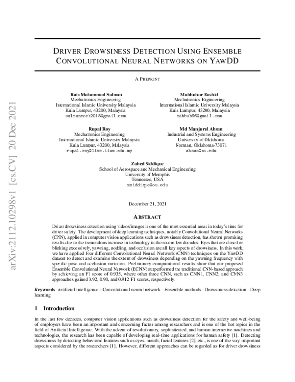 (PDF) Driver Drowsiness Detection Using Ensemble Convolutional Neural Networks on YawDD