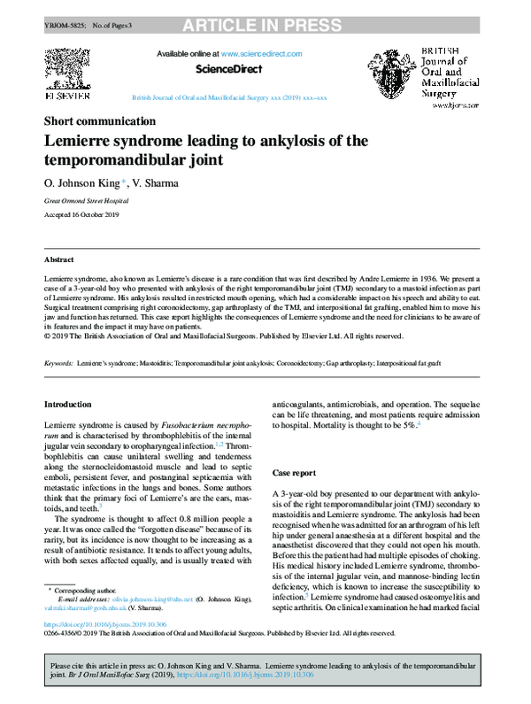 (PDF) Lemierre syndrome leading to ankylosis of the temporomandibular joint