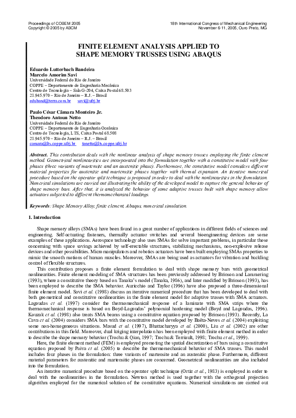 Pdf Finite Element Analysis Applied To Shape Memory Trusses Using Abaqus