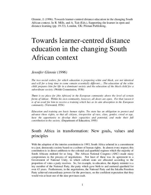 (PDF) Towards learner-centred distance education in the changing South ...