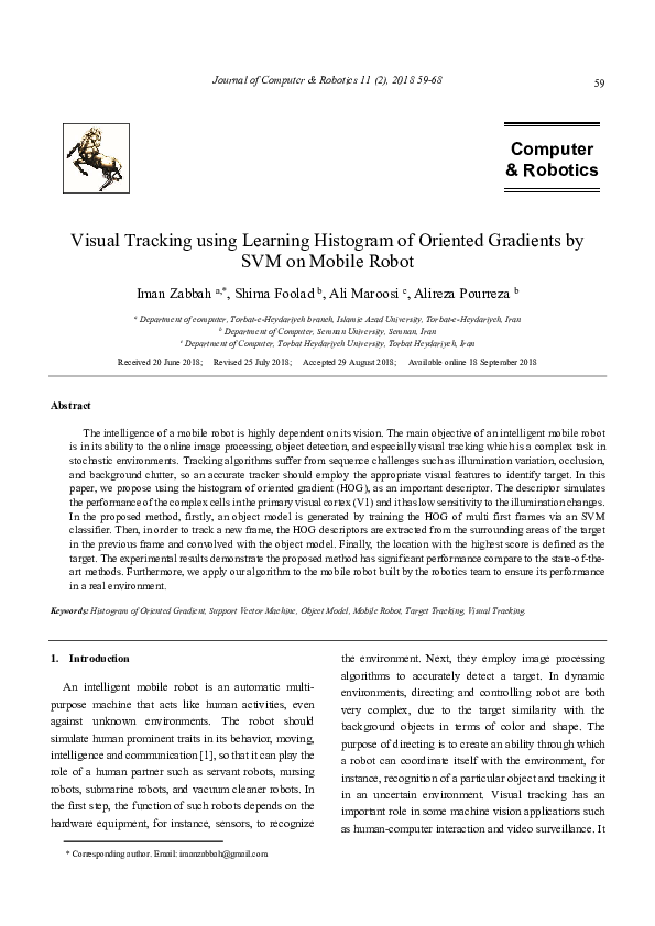 Visual Tracking Using Learning Histogram Of Oriented Gradients By Svm On Mobile Robot