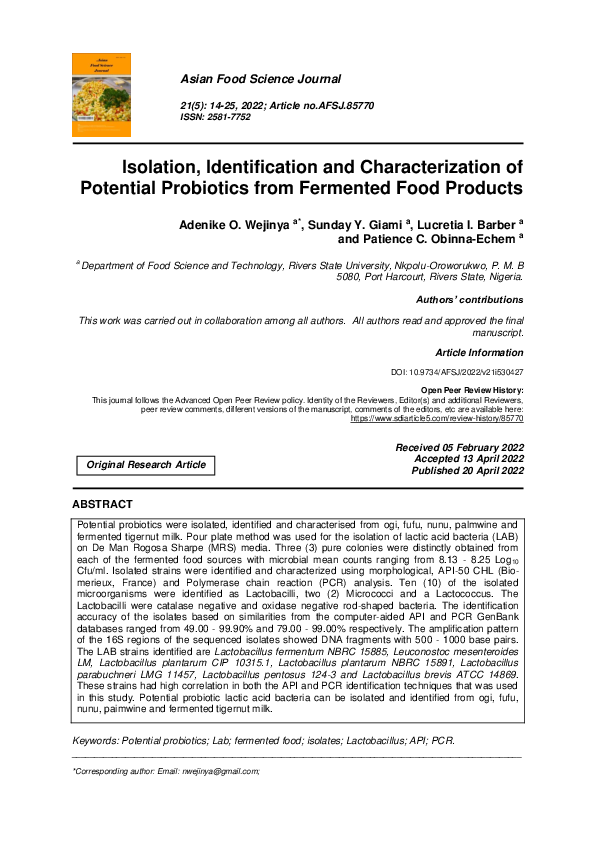 (PDF) Isolation, Identification and Characterization of Potential Probiotics from Fermented Food ...