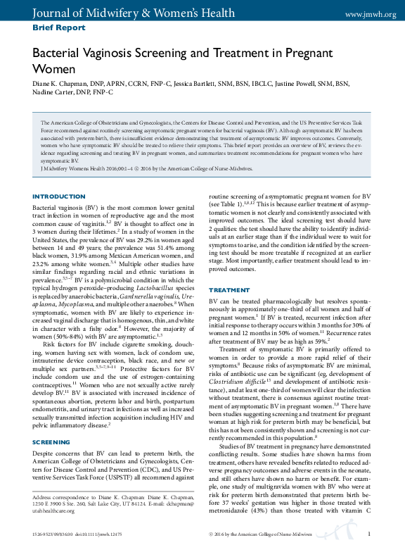 (PDF) Bacterial Vaginosis Screening and Treatment in Pregnant Women