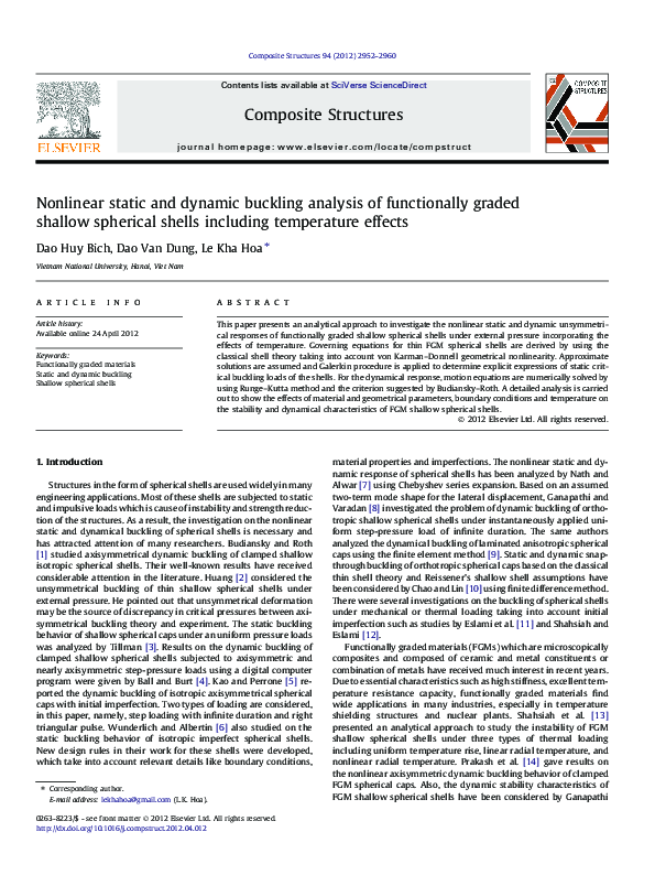 (PDF) Nonlinear static and dynamic buckling analysis of functionally graded shallow spherical ...