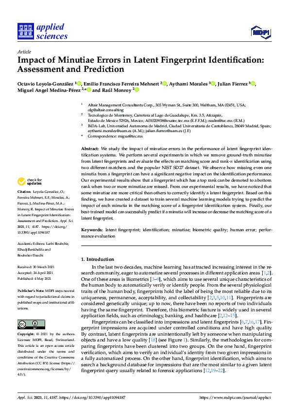 (PDF) Impact of Minutiae Errors in Latent Fingerprint Identification: Assessment and Prediction