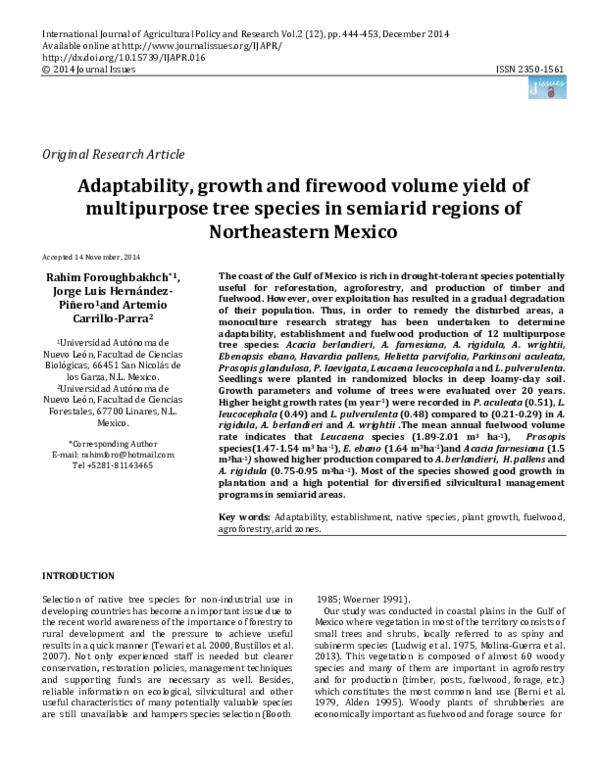 (PDF) Adaptability, growth and firewood volume yield of multipurpose ...