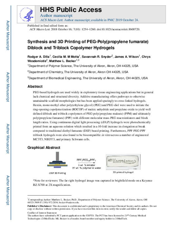 (PDF) Synthesis and 3D Printing of PEG–Poly(propylene fumarate) Diblock ...