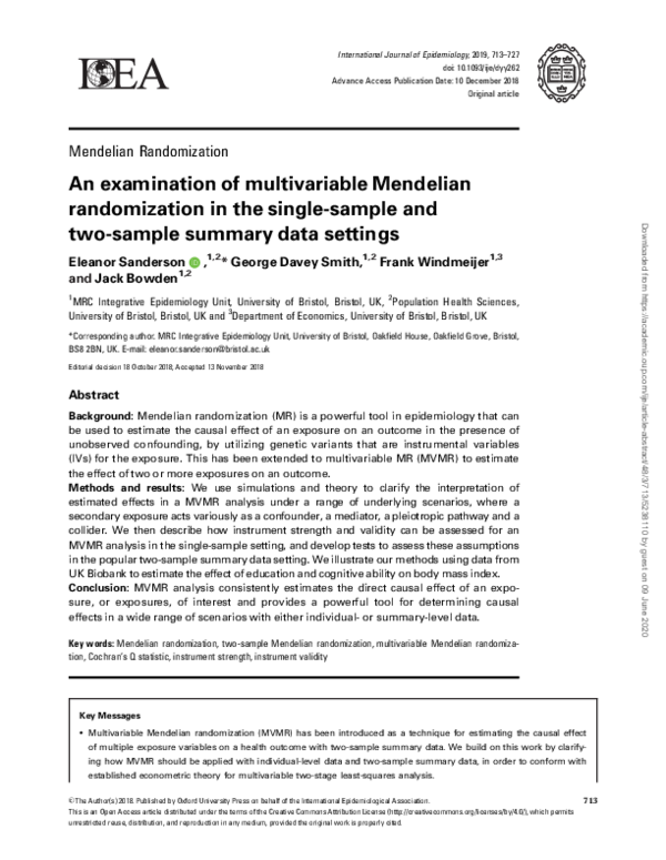 (PDF) An examination of multivariable Mendelian randomization in the single-sample and two ...