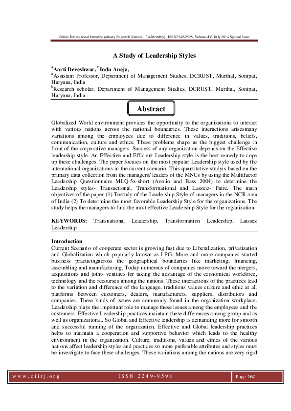(PDF) A Study of Leadership Styles