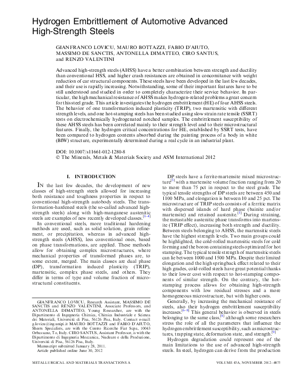 (PDF) Hydrogen Embrittlement of Automotive Advanced High-Strength Steels