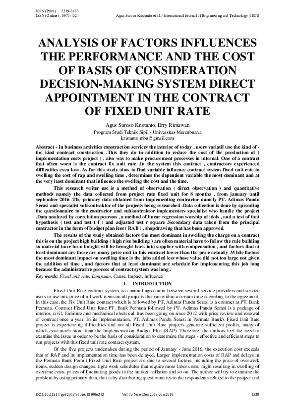 (PDF) Analysis of Factors Influences the Performance and the Cost of ...